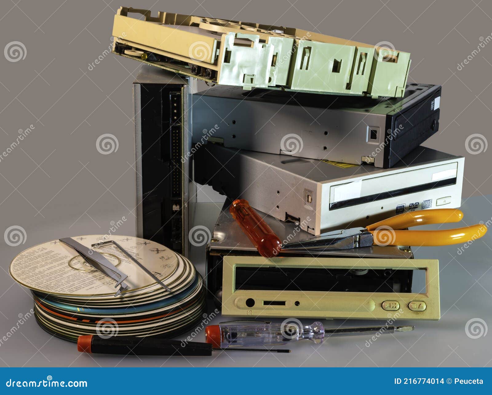 Stack of Old SATA, ATA Hard Disk Drives and Driver Cd Disassembled ...