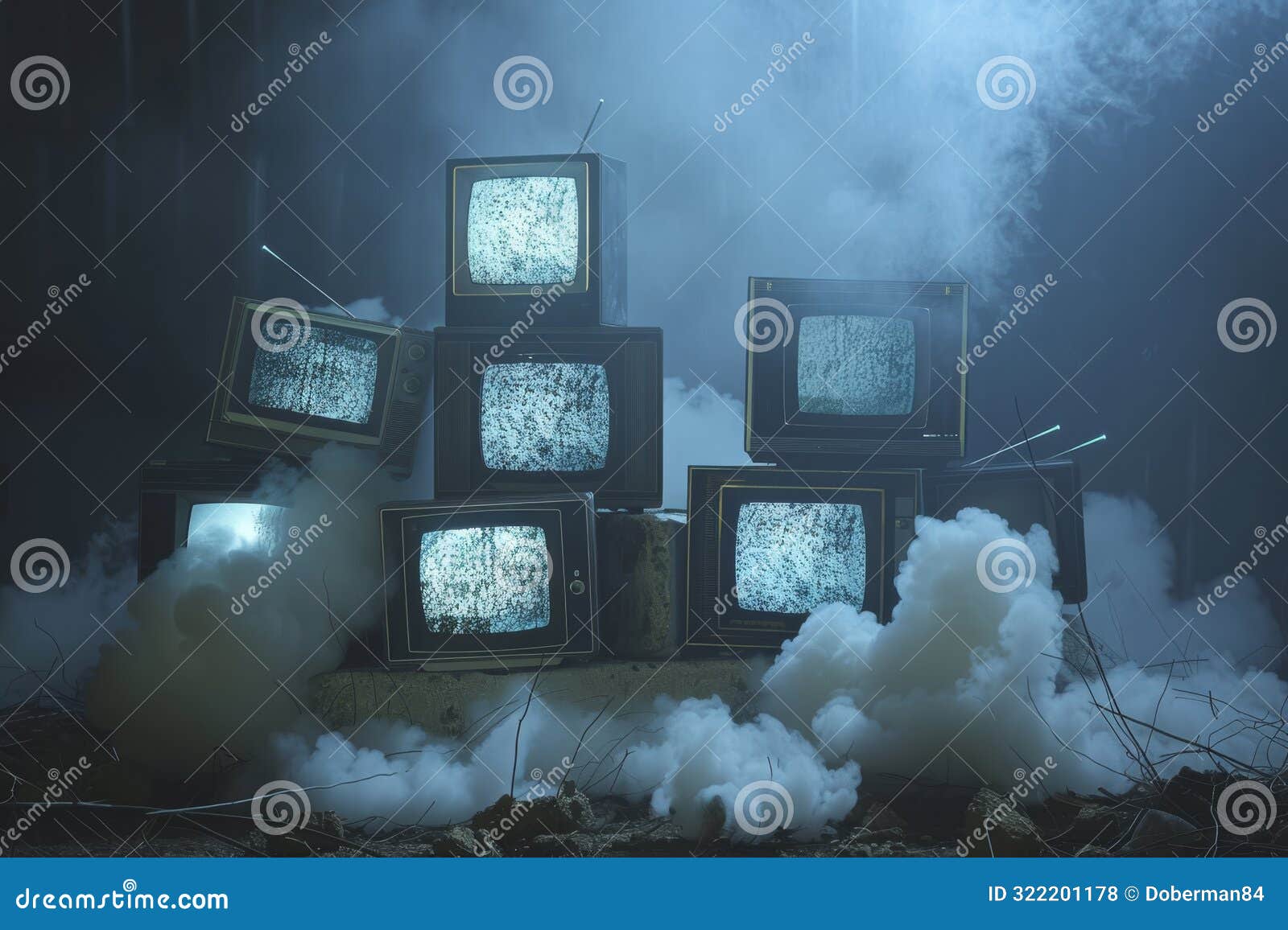 Stack of Old Televisions with Static Display in a Smoky Environment ...
