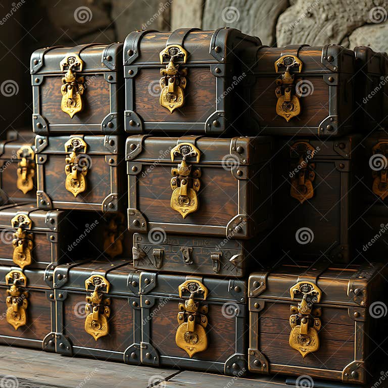 A Stack of Old Treasure Chests with Golden Locks Stock Illustration ...