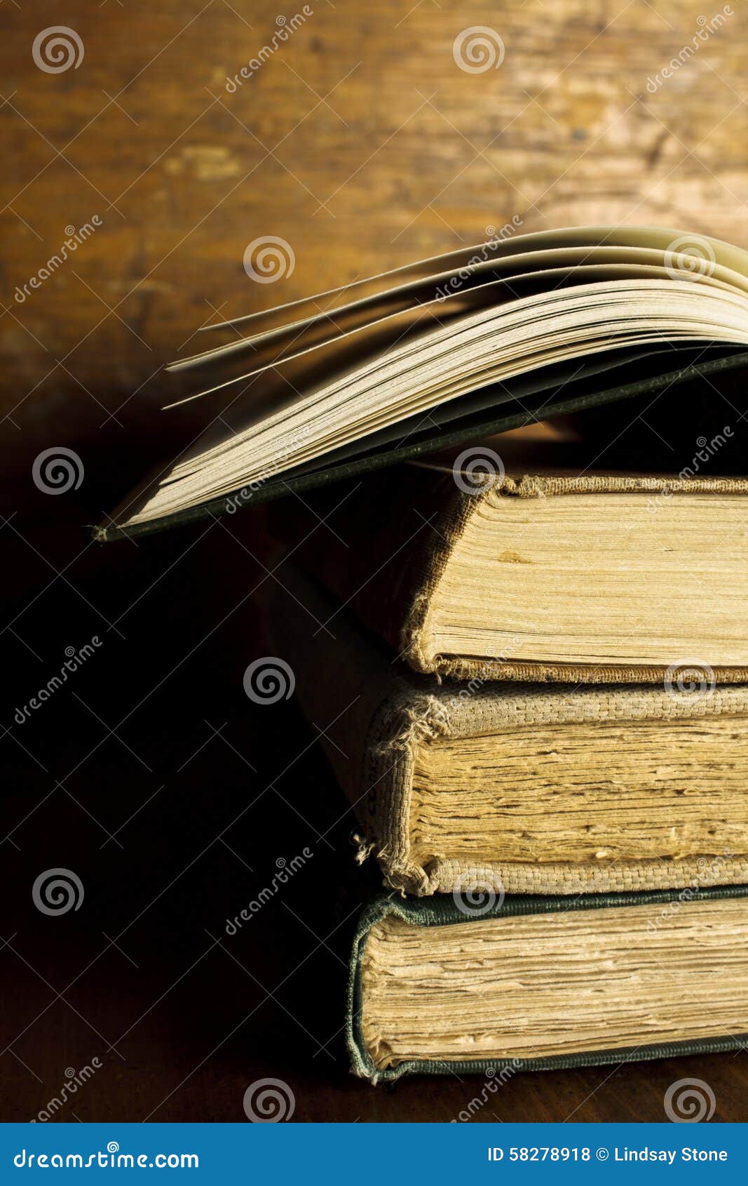 Stack of Old, Vintage Books with One Open Book Stock Photo - Image of ...