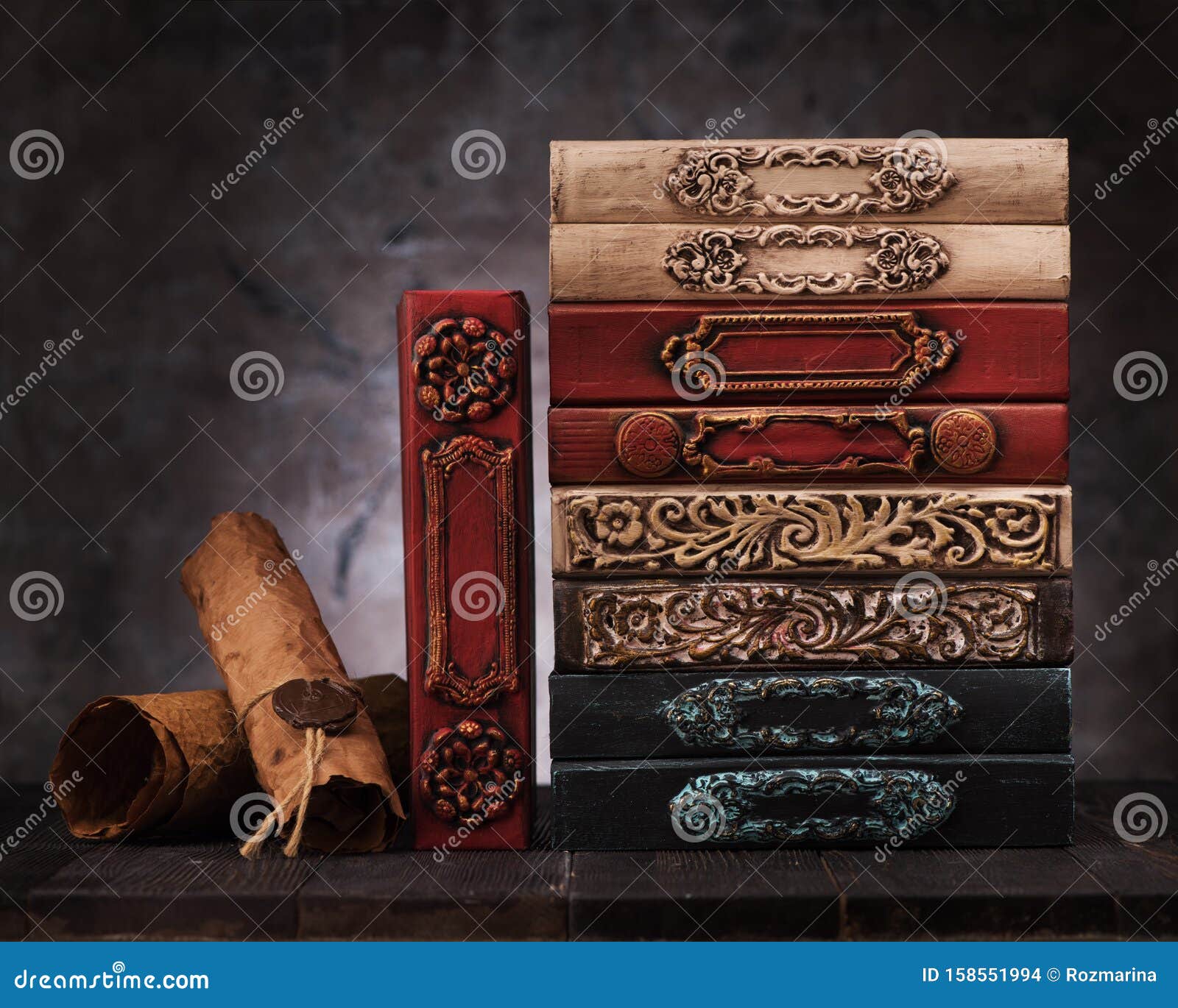 Stack Old Vintage Books on Shelf, and Old Paper Scrolls Manuscripts ...