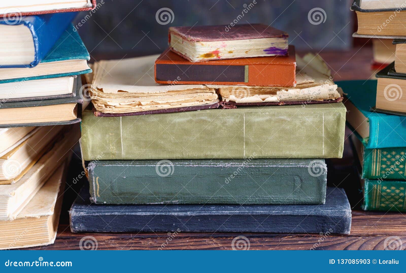 Stack of Old Vintage Books on Wooden Shelf in University Library Stock ...
