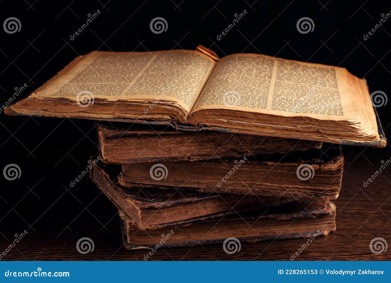 Stack of Old Worn Shabby Jewish Books in Leather Binding in the Dark ...