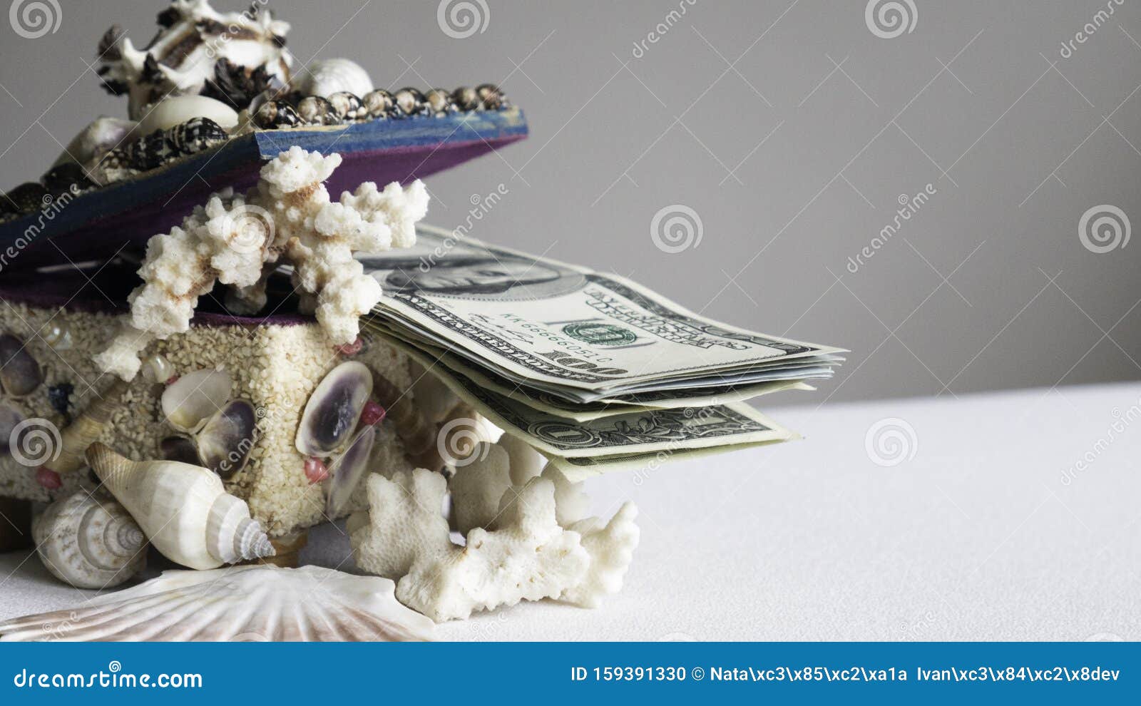 Stack of One Hundred Dollar Bills in a Box of Seashells Stock Photo ...