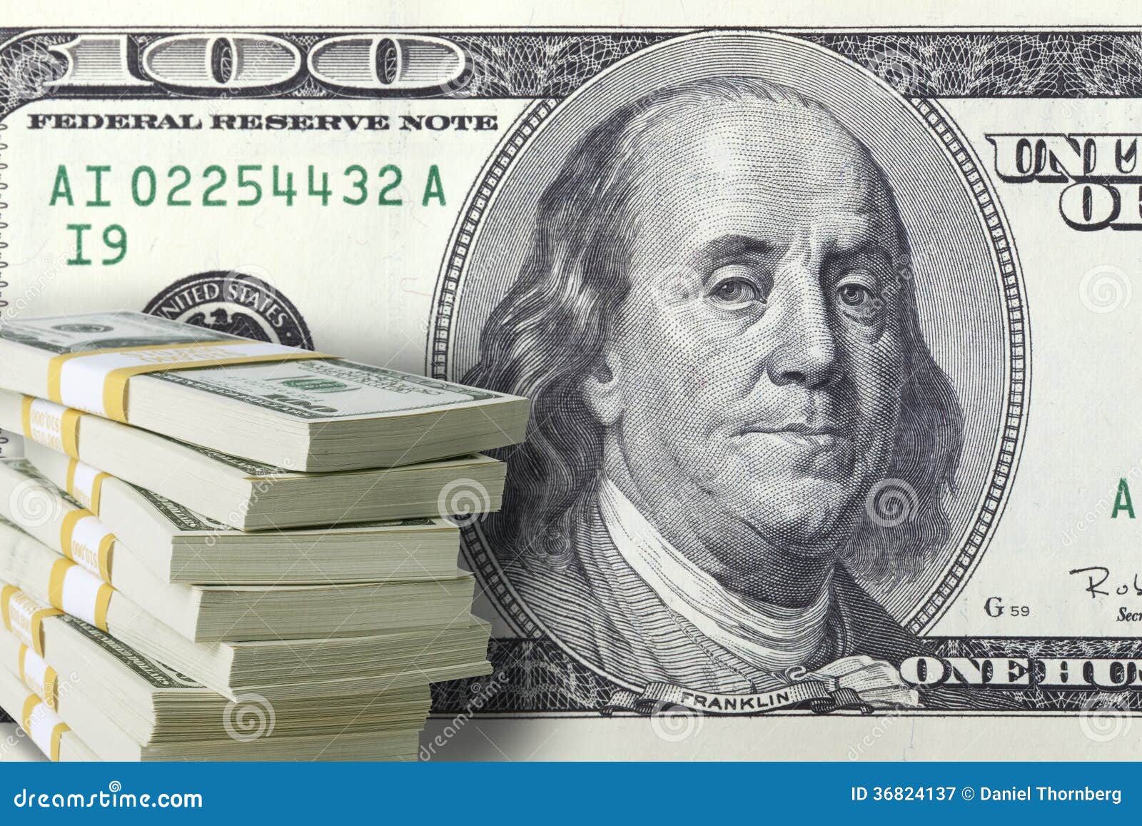 Stack of One Hundred Dollar Bills with a Large Bill in the Background ...