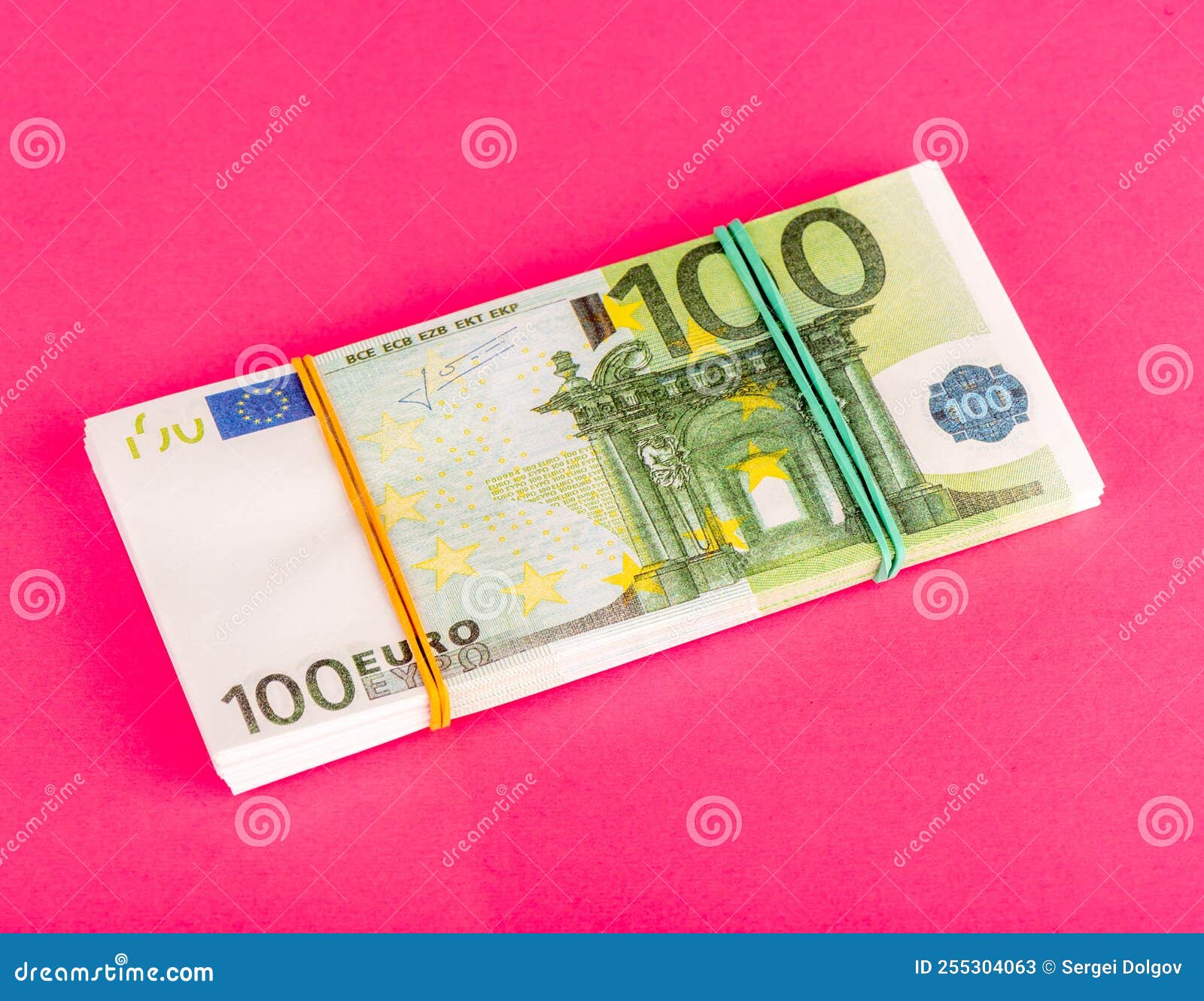 Stack of One Hundred Euro Banknotes is Tied with Yellow and Green ...
