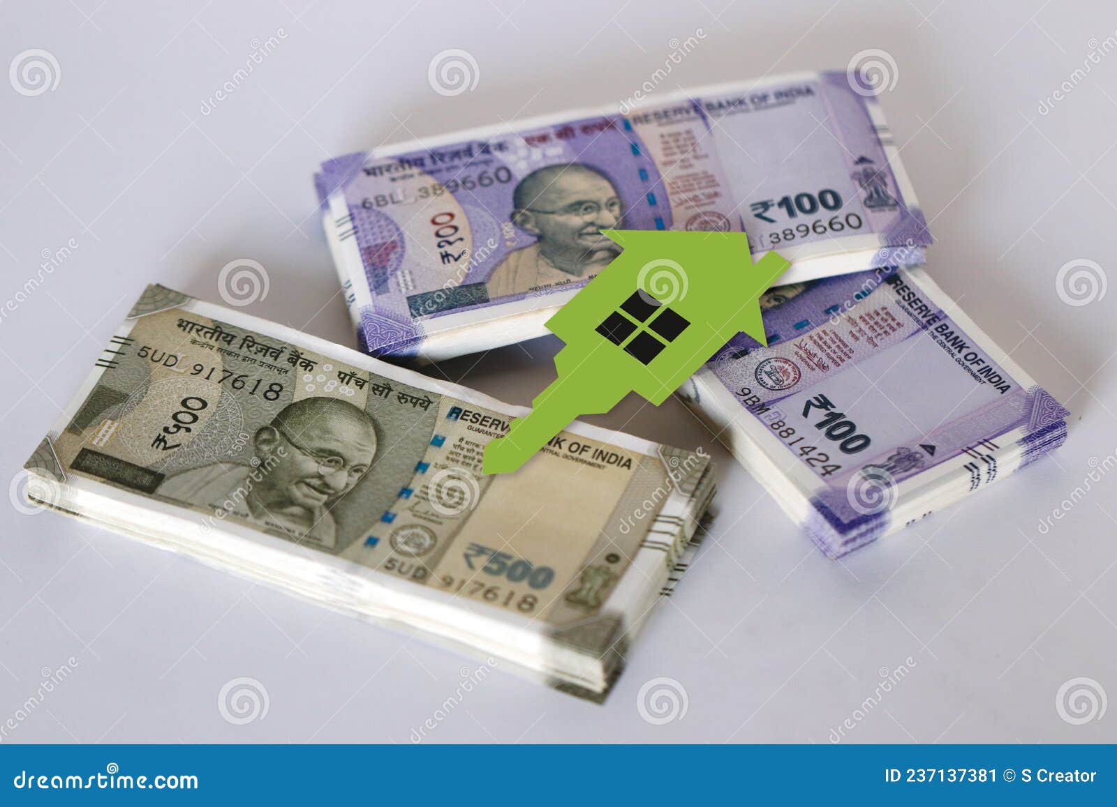Stack Of One Hundred And Five Hundred Indian Rupees Fresh Notes With