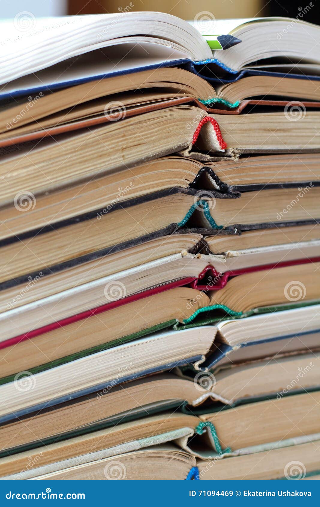 Stack of Opened Old Books and a Pencil, Vertical Stock Image - Image of ...