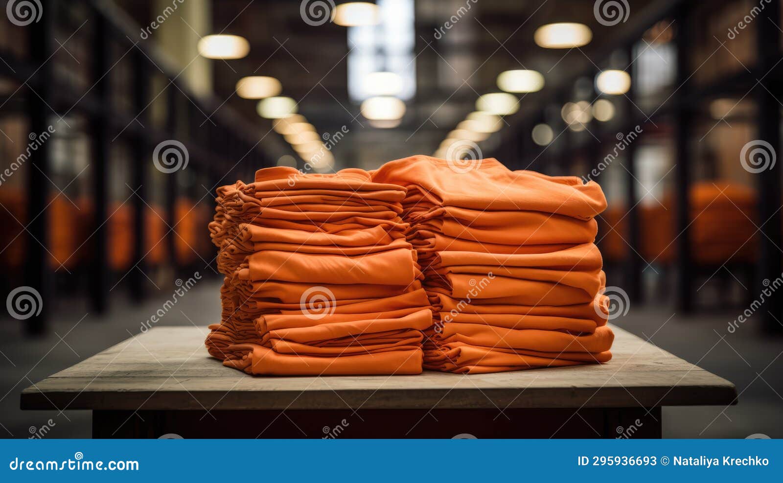 Stack of Orange Robes for Prisoners. Blurry Prison Cell in the ...