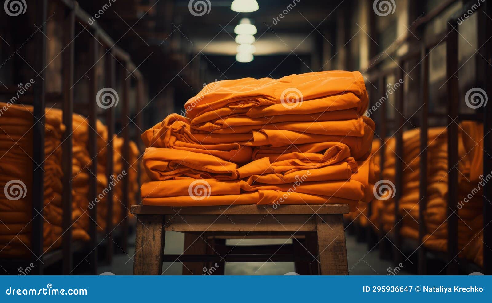 Stack of Orange Robes for Prisoners. Blurry Prison Cell in the ...