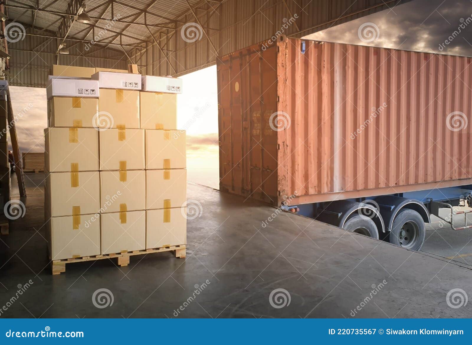 Stack of Package Boxes with Cargo Container. Trailer Parked Loading at ...
