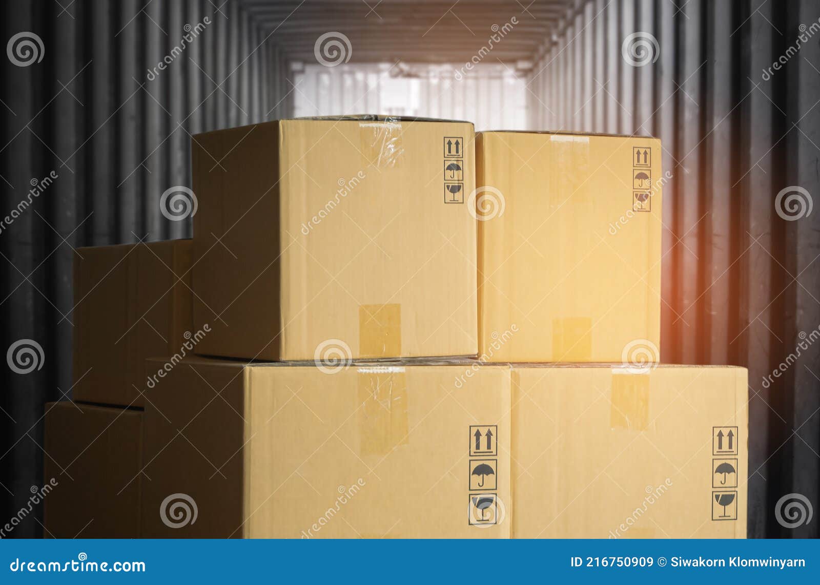 Stack of Package Boxes Inside Cargo Container. Shipment Freight Truck ...