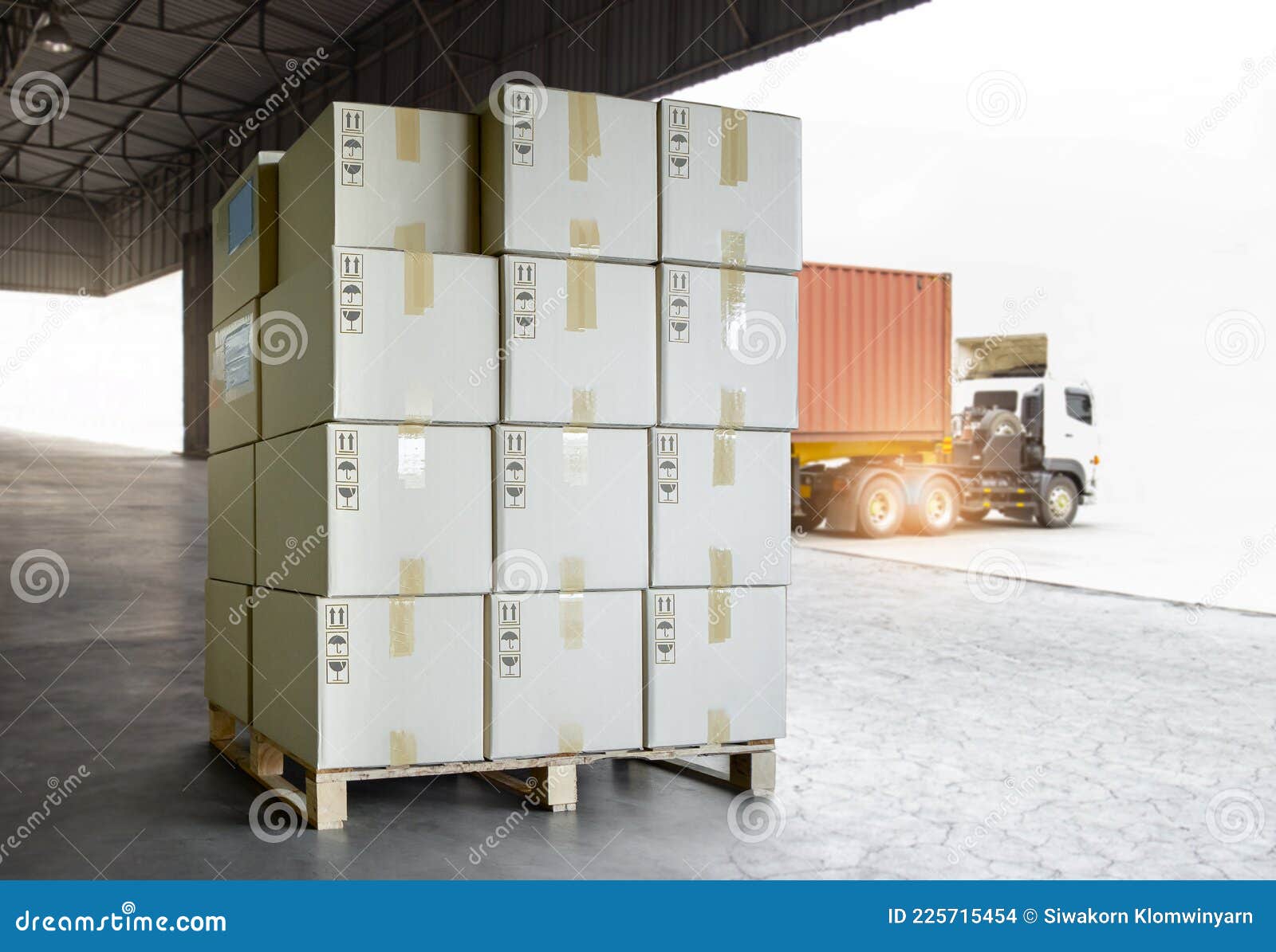 Stack of Package Boxes Load with Shipping Cargo Container. Trailer ...