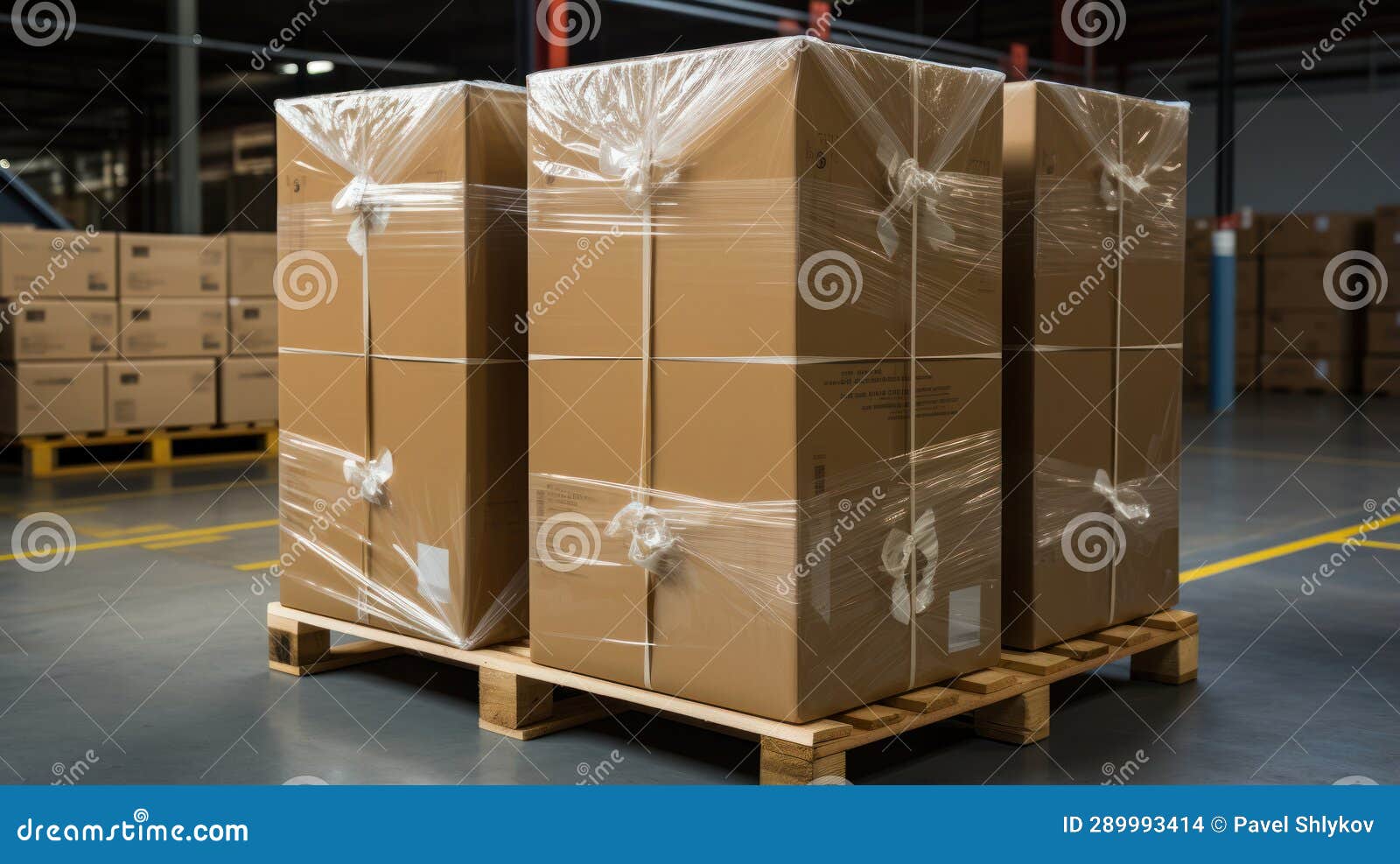 Stack of Package Boxes on Pallet in Storage. Supply Chain Cardboard ...