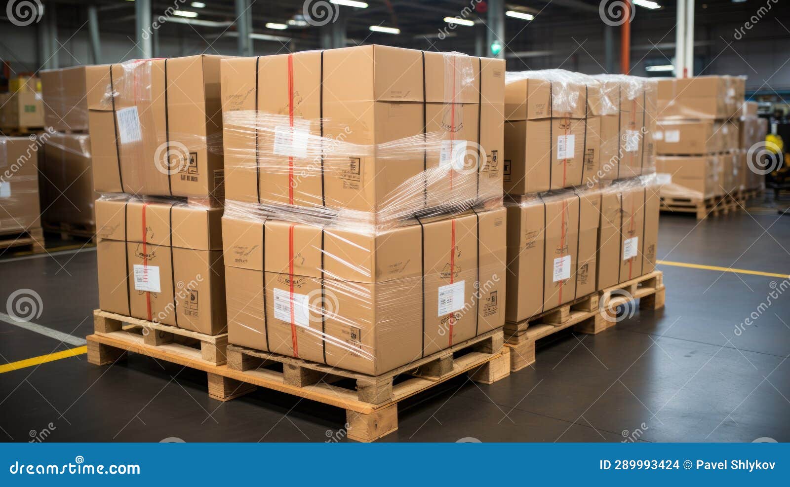 Stack of Package Boxes on Pallet in Storage. Supply Chain Cardboard ...