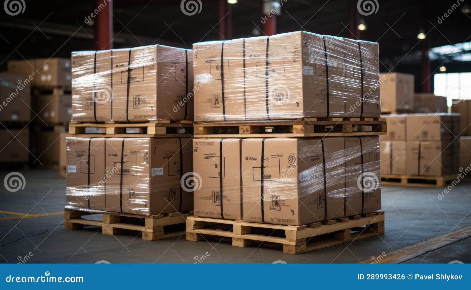 Stack of Package Boxes on Pallet in Storage. Supply Chain Cardboard ...