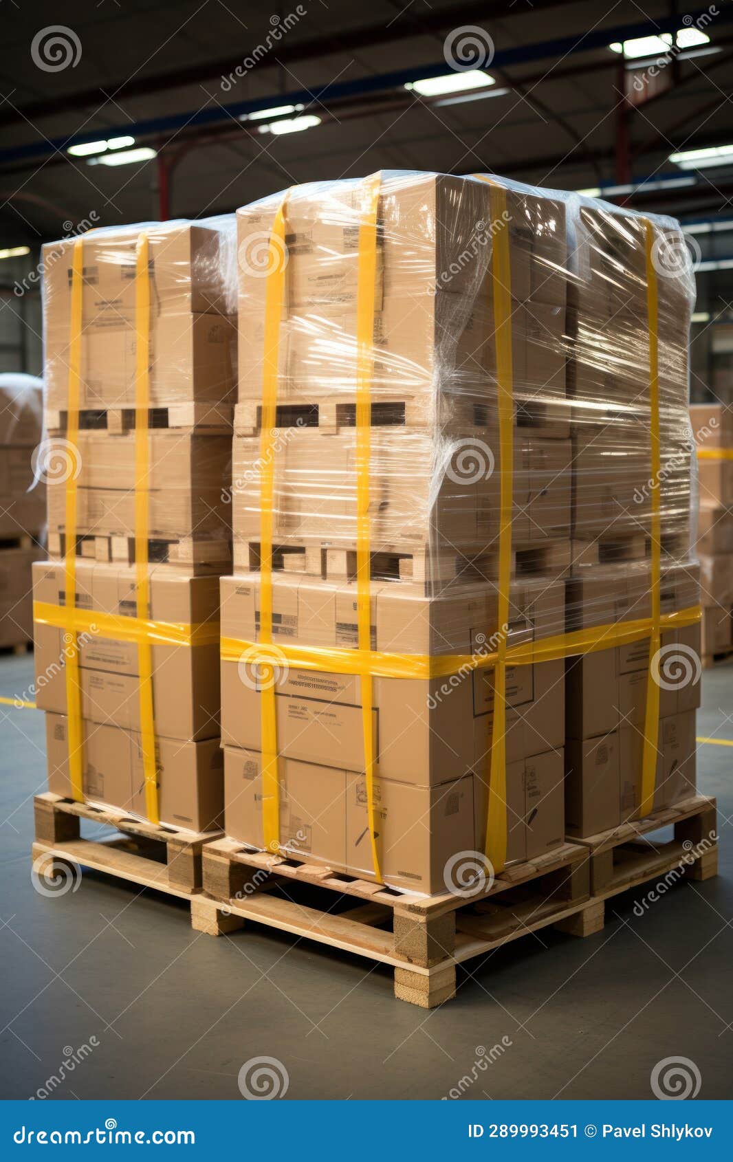 Stack of Package Boxes on Pallet in Storage. Supply Chain Cardboard ...