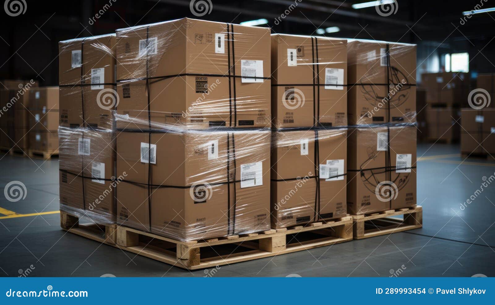 Stack of Package Boxes on Pallet in Storage. Supply Chain Cardboard ...