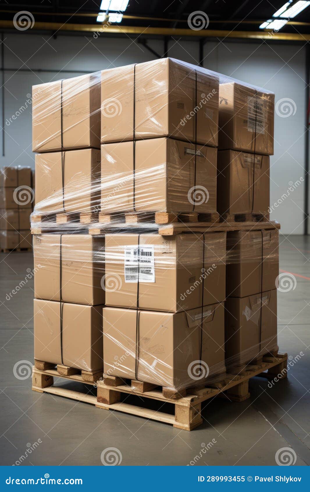 Stack of Package Boxes on Pallet in Storage. Supply Chain Cardboard ...