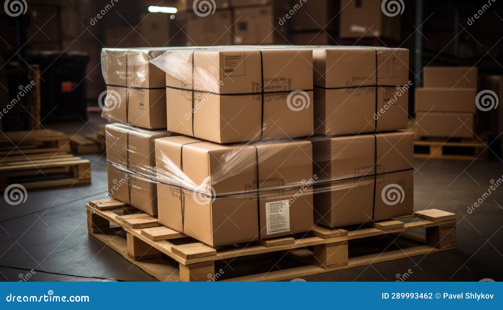 Stack of Package Boxes on Pallet in Storage. Supply Chain Cardboard ...