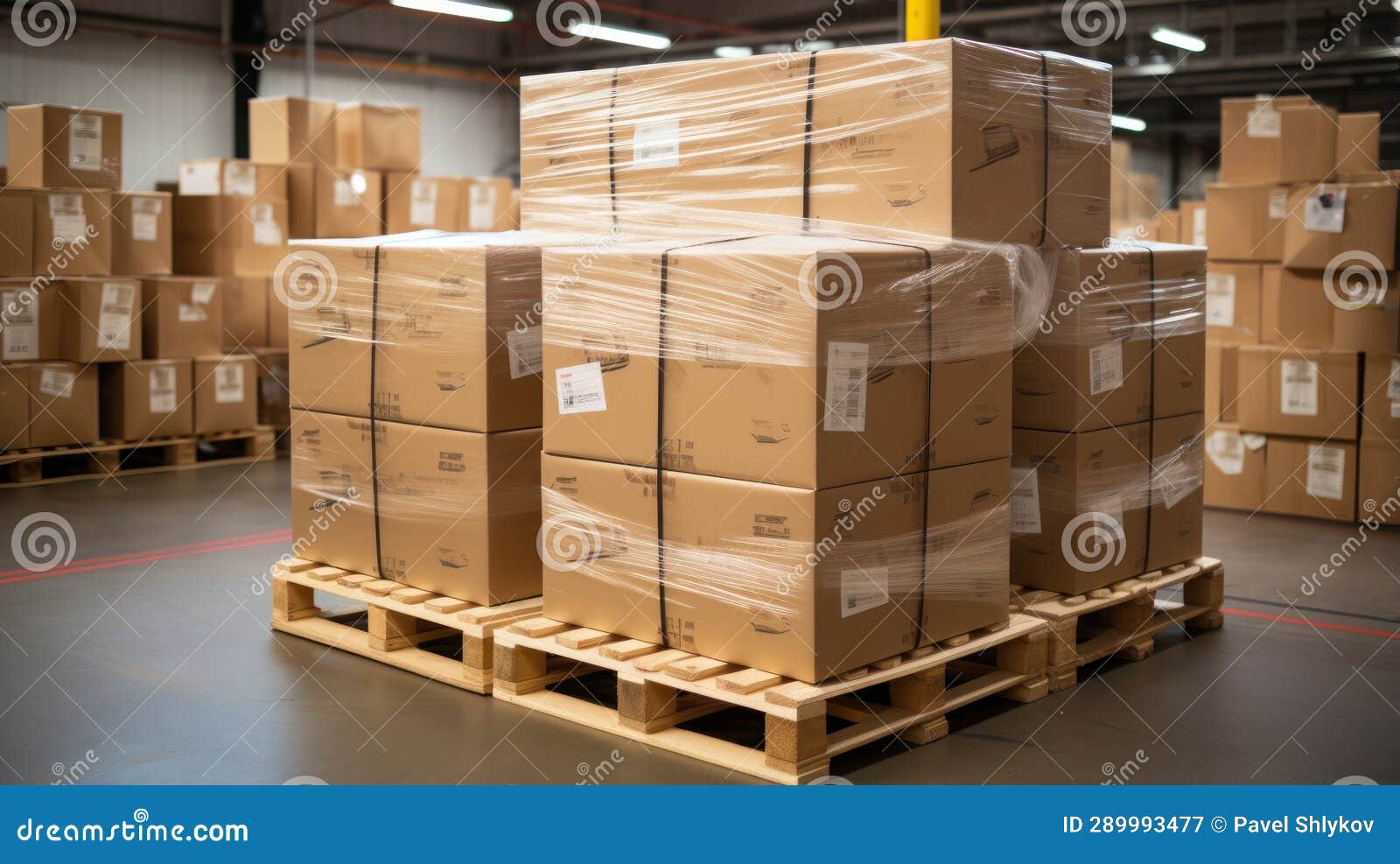 Stack of Package Boxes on Pallet in Storage. Supply Chain Cardboard ...