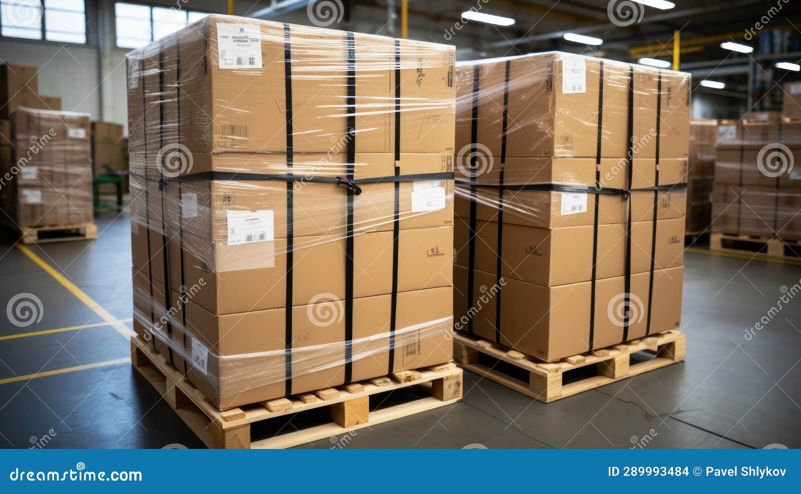 Stack of Package Boxes on Pallet in Storage. Supply Chain Cardboard ...
