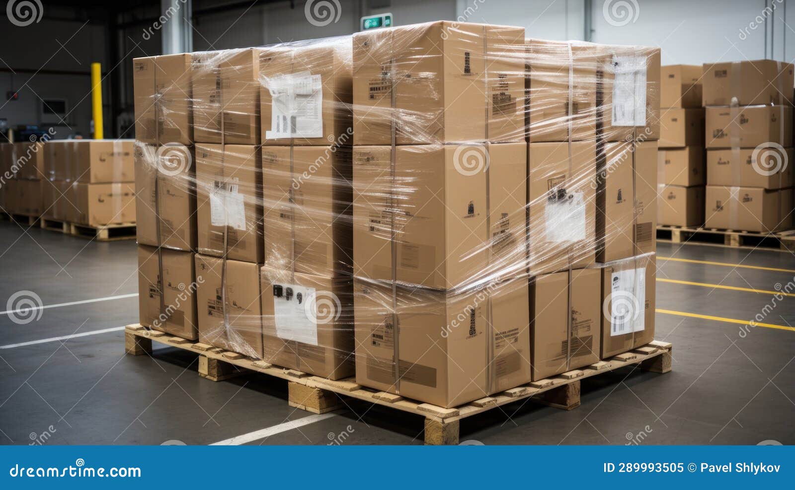 Stack of Package Boxes on Pallet in Storage. Supply Chain Cardboard ...
