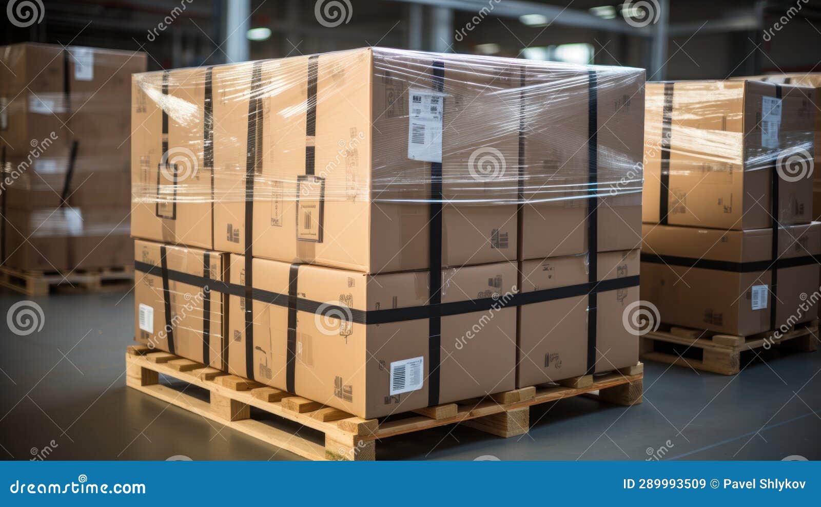 Stack of Package Boxes on Pallet in Storage. Supply Chain Cardboard ...