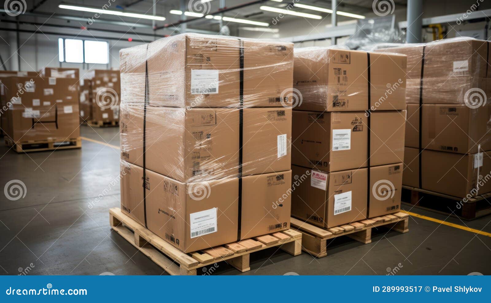 Stack of Package Boxes on Pallet in Storage. Supply Chain Cardboard ...