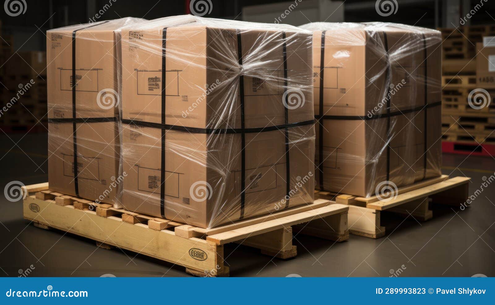 Stack of Package Boxes on Pallet in Storage. Supply Chain Cardboard ...