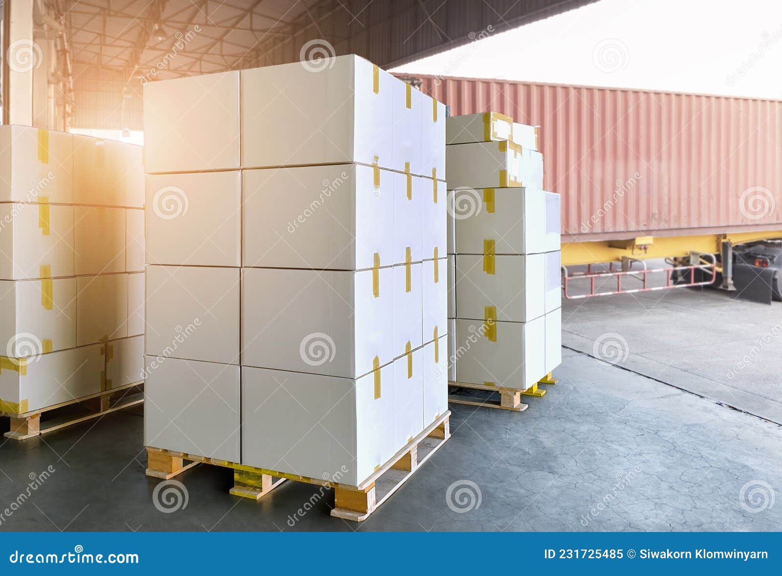 Stack of Package Boxes on Pallets Load with Shipping Cargo Container ...