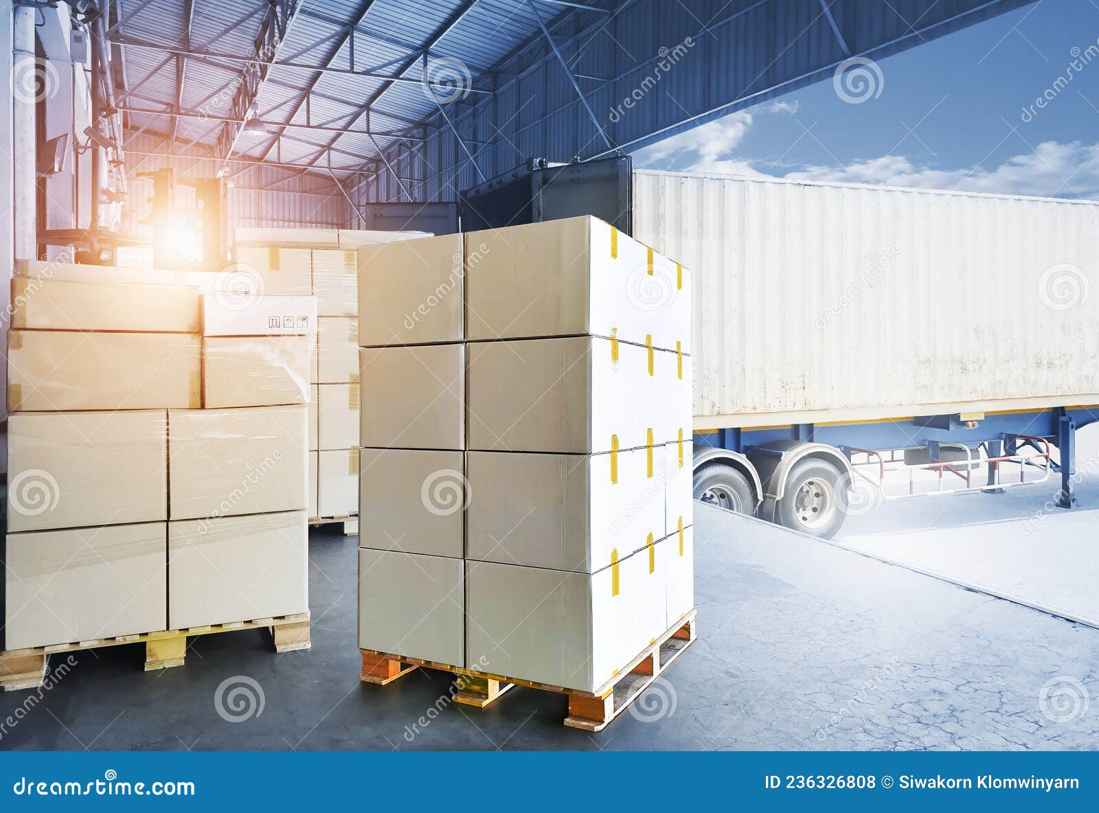 Stack Of Package Boxes On Pallets Loading Into Shipping Cargo Container ...