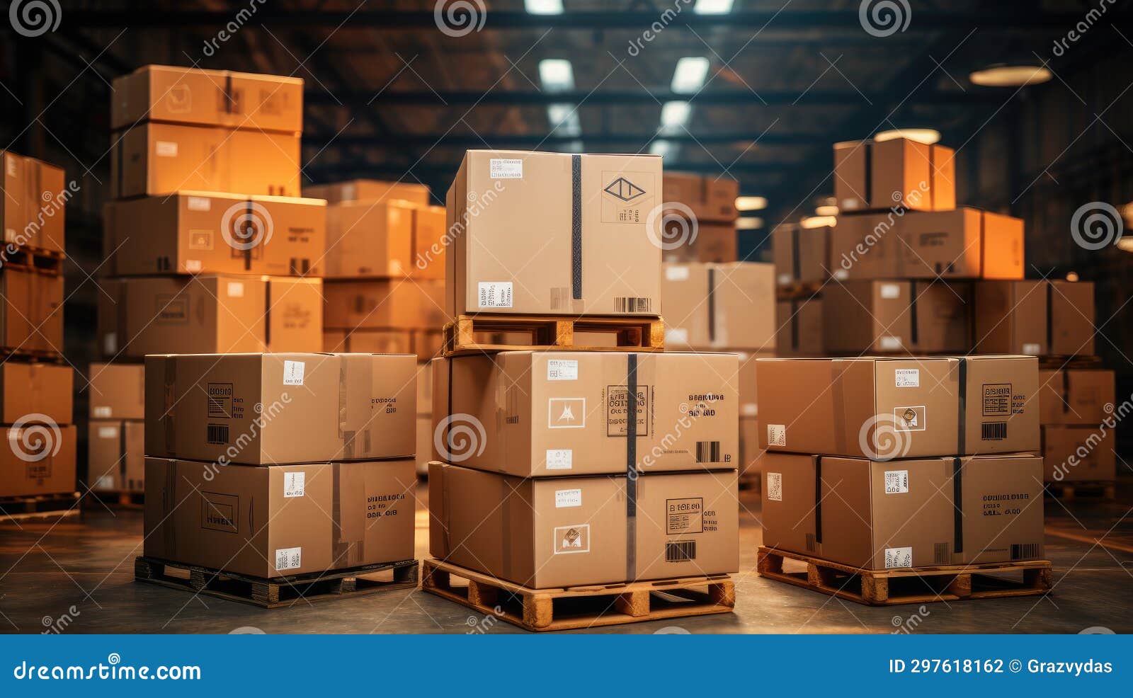 Stack of Package Boxes on a Wooden Pallets. Interior of Storage ...