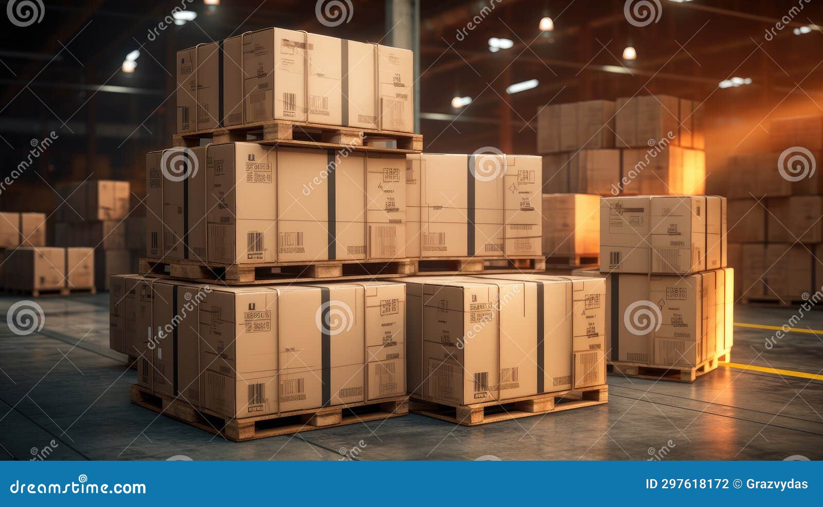 Stack of Package Boxes on a Wooden Pallets. Interior of Storage ...