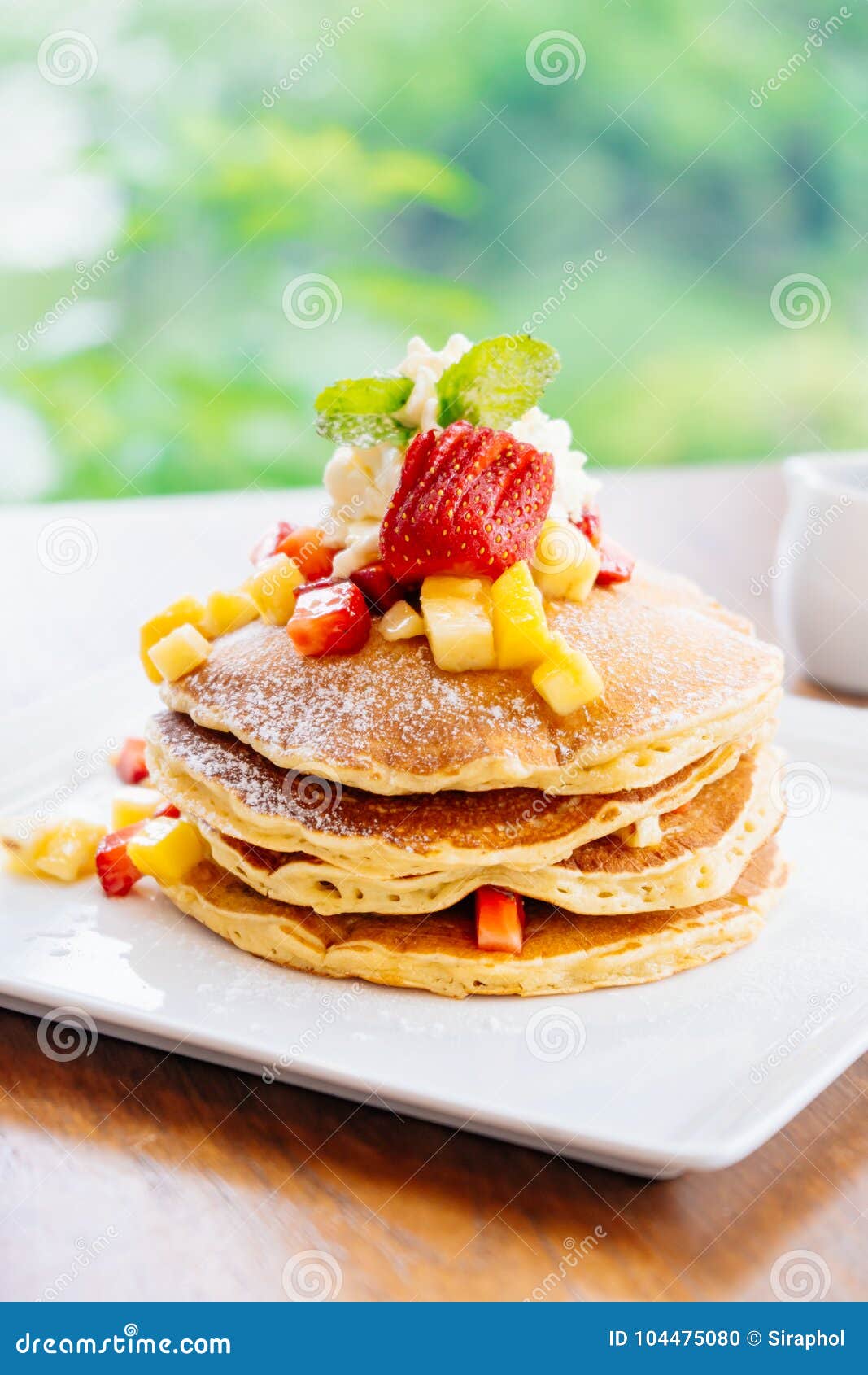 Stack of Pancake with Strawberry on Top Stock Photo - Image of american ...