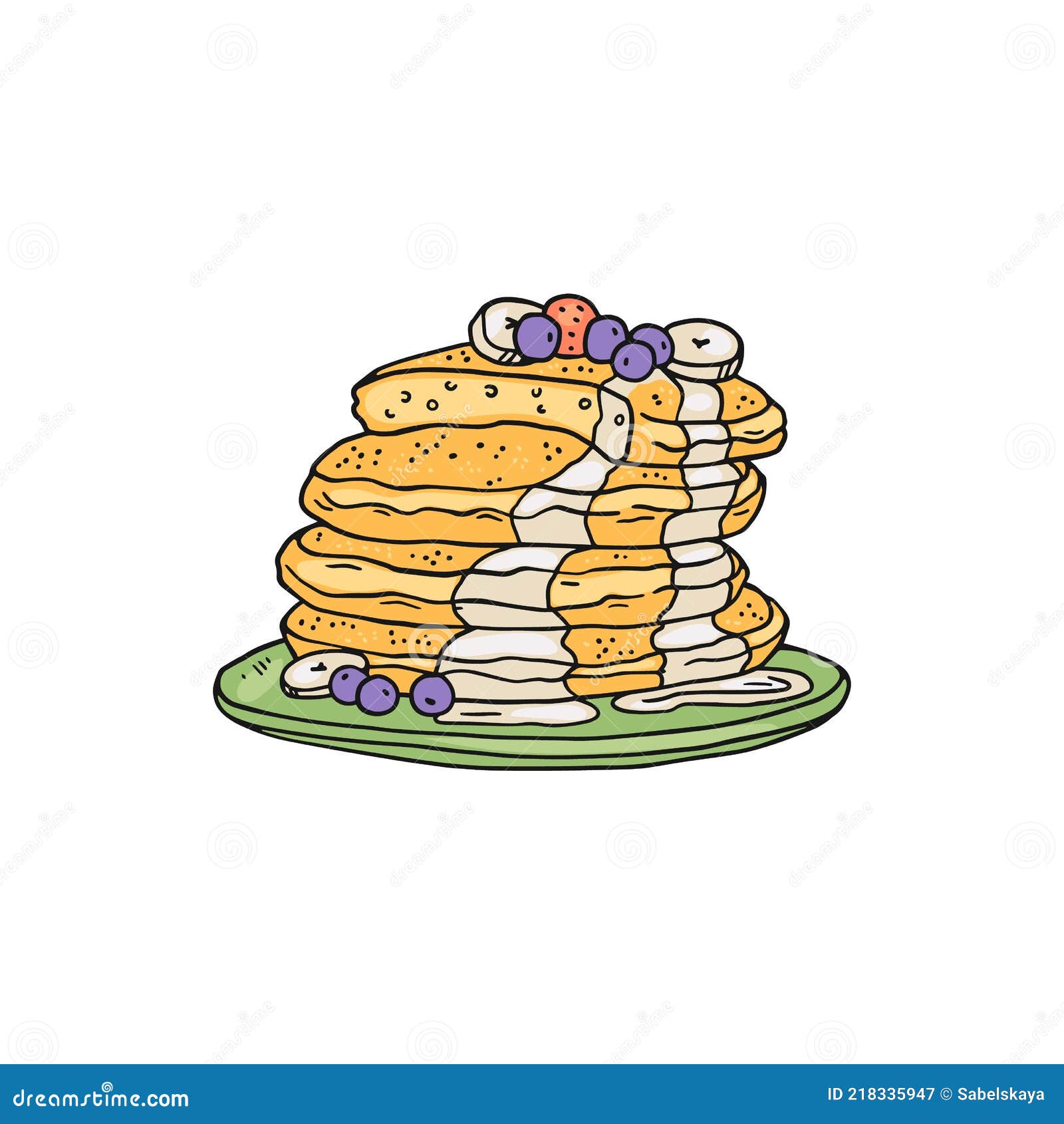 Stack of Pancakes with Berries on Top, Hand Drawn Vector Illustration ...
