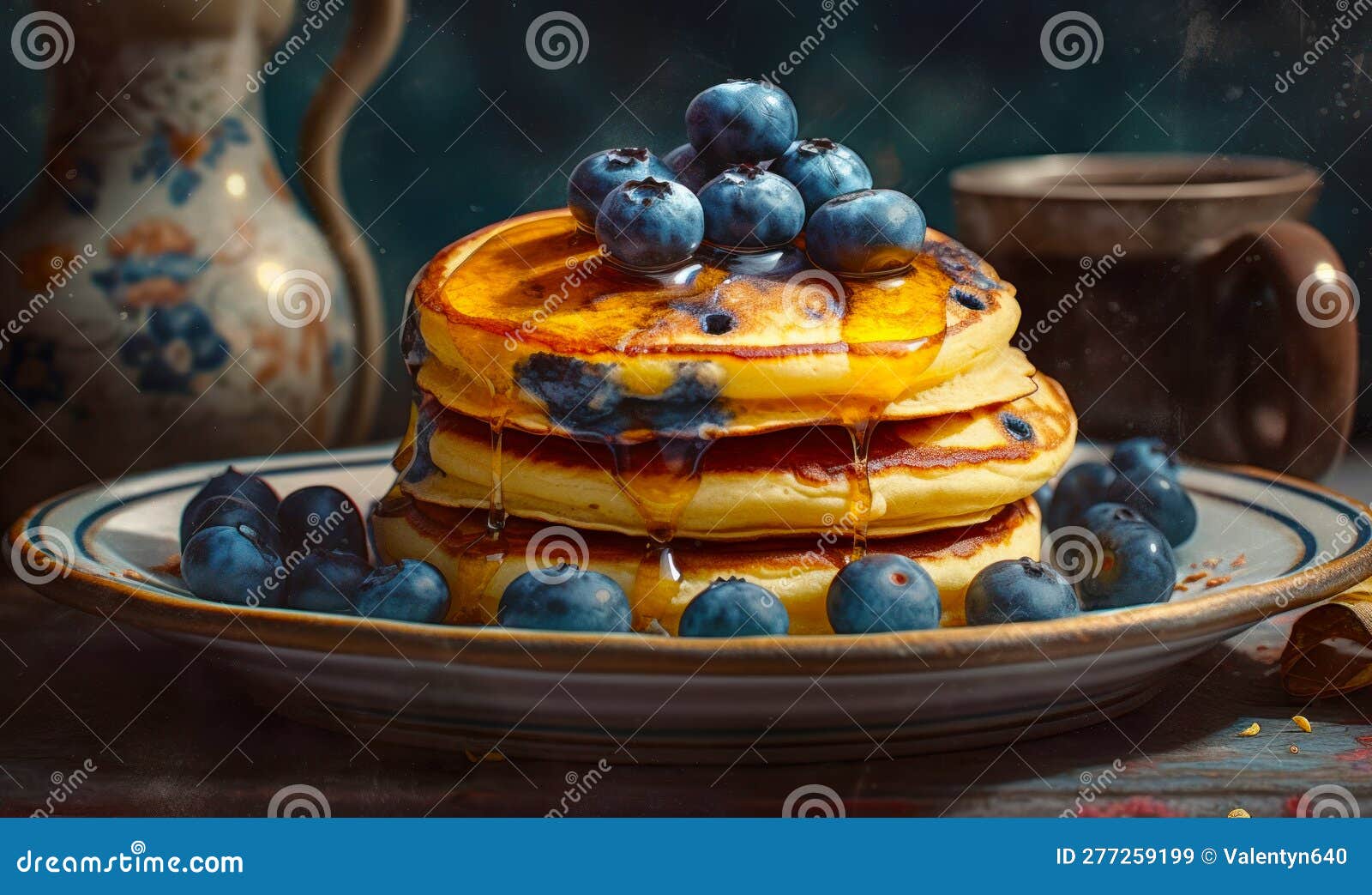 Stack of Pancakes with Blueberries and Syrup on Plate with Tea Kettle ...