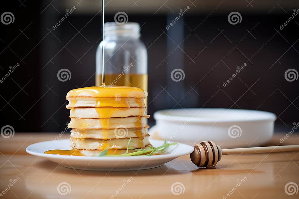 Stack of Pancakes, Buttermilk Jug, Maple Syrup Drizzle Stock ...