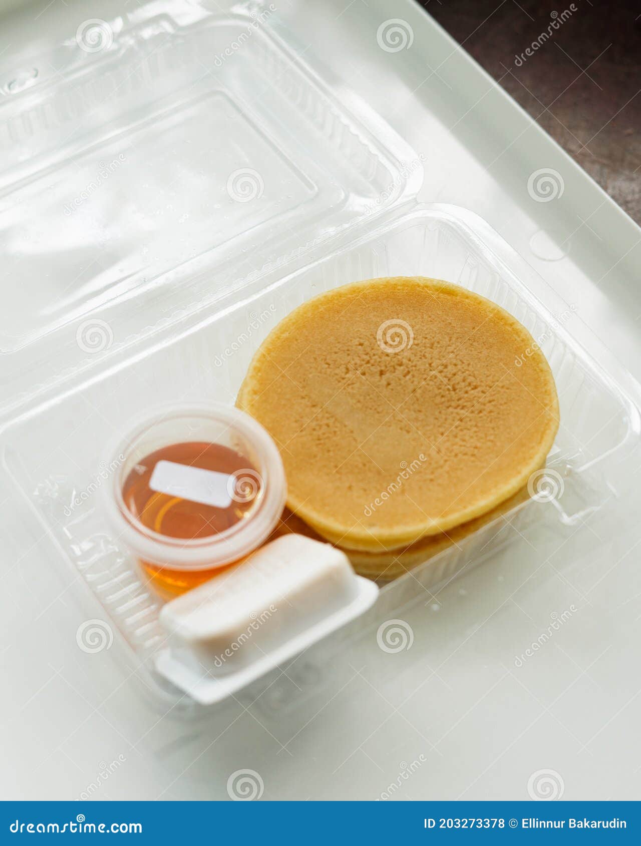 Stack of Pancakes in a Container Transparent Clear Box with Honey and ...