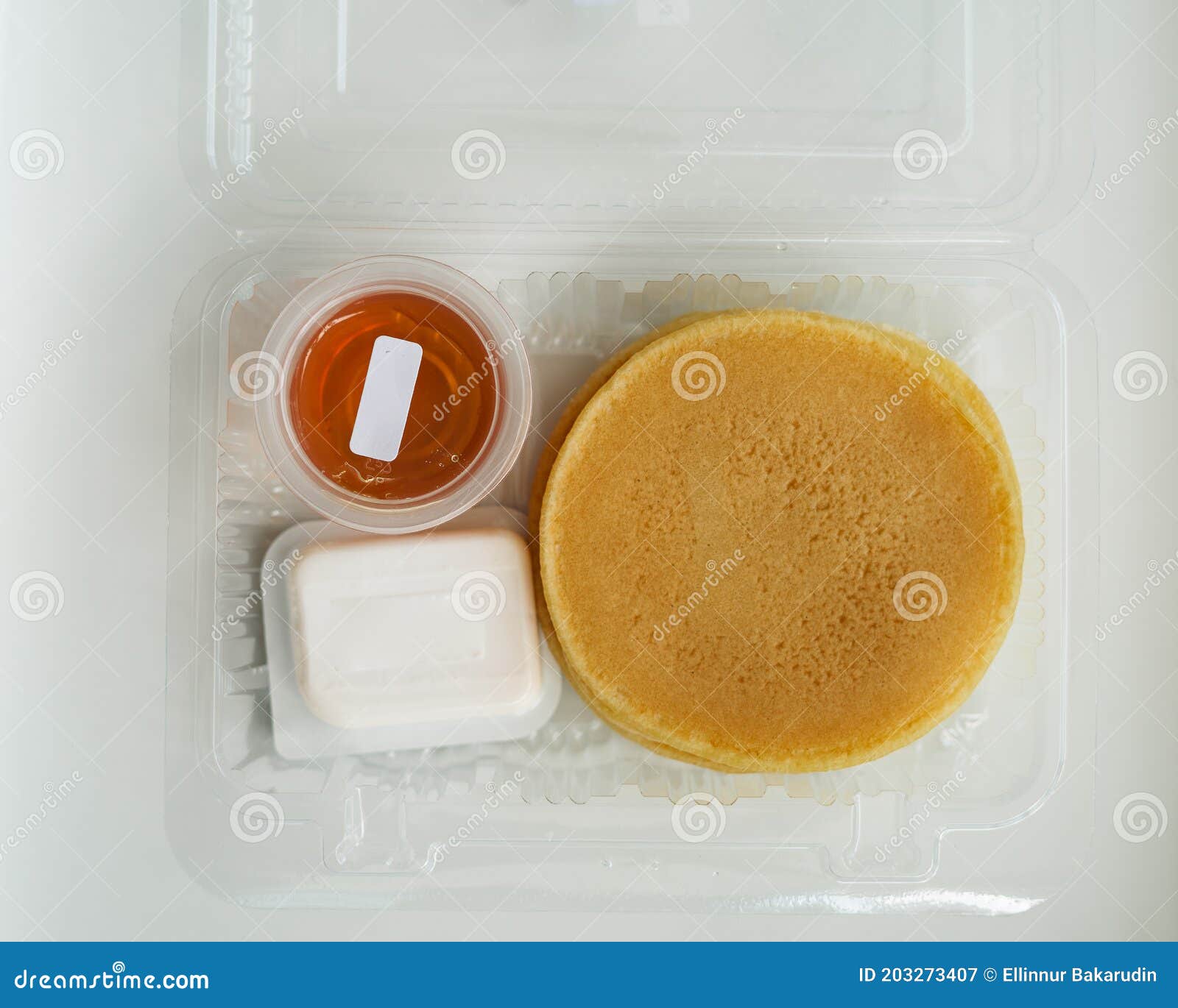 Stack of Pancakes in a Container Transparent Clear Box with Honey and ...