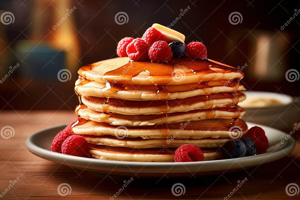 A Stack of Pancakes or Flapjack with Maple Syrup, Berries and Butter on ...