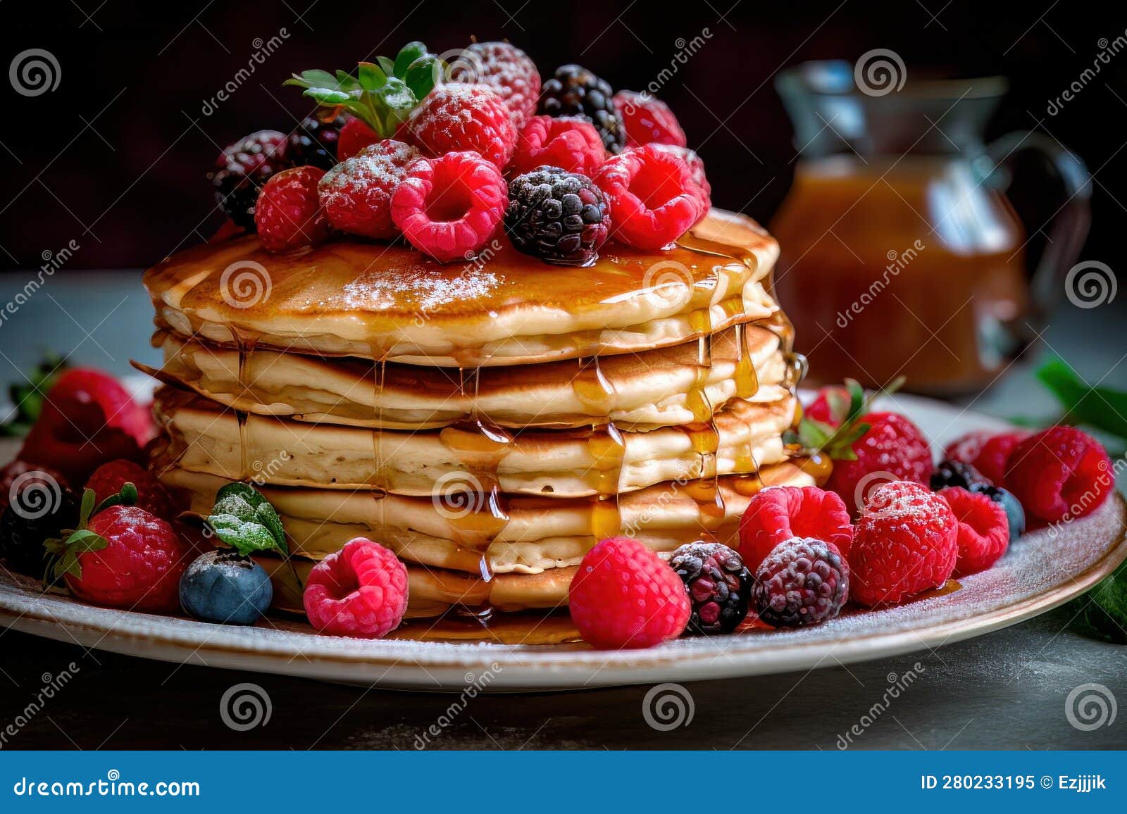 A Stack of Pancakes or Flapjack with Maple Syrup, Berries on a Dark ...