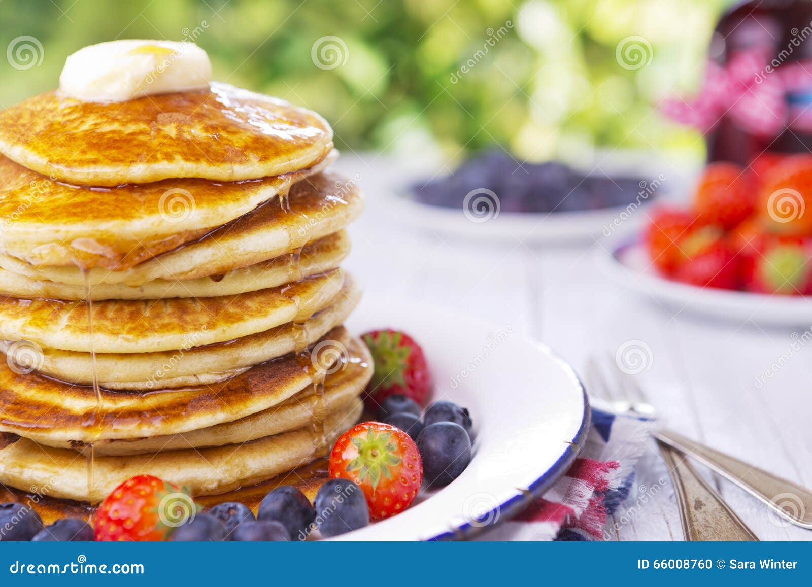 Stack of Pancakes with Fresh Fruit, Syrup and Butter Stock Photo ...