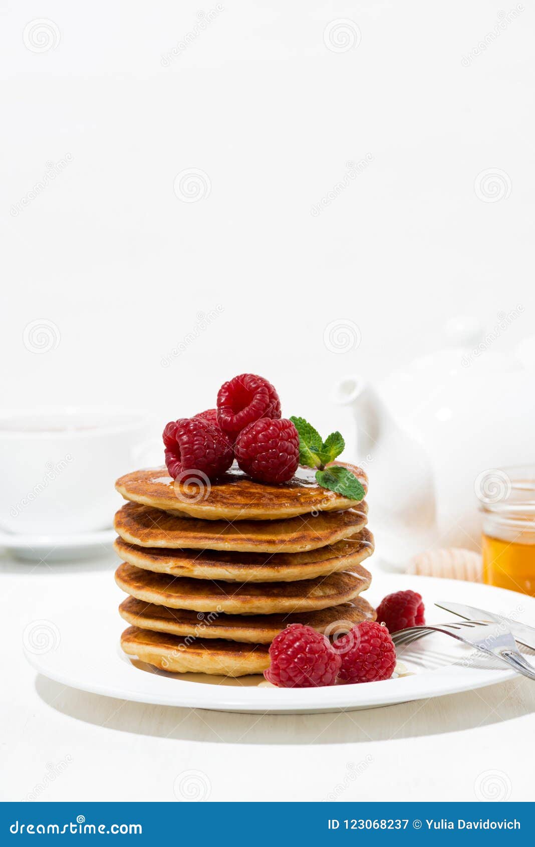 Stack of Pancakes with Fresh Raspberries for Breakfast, Vertical Stock ...