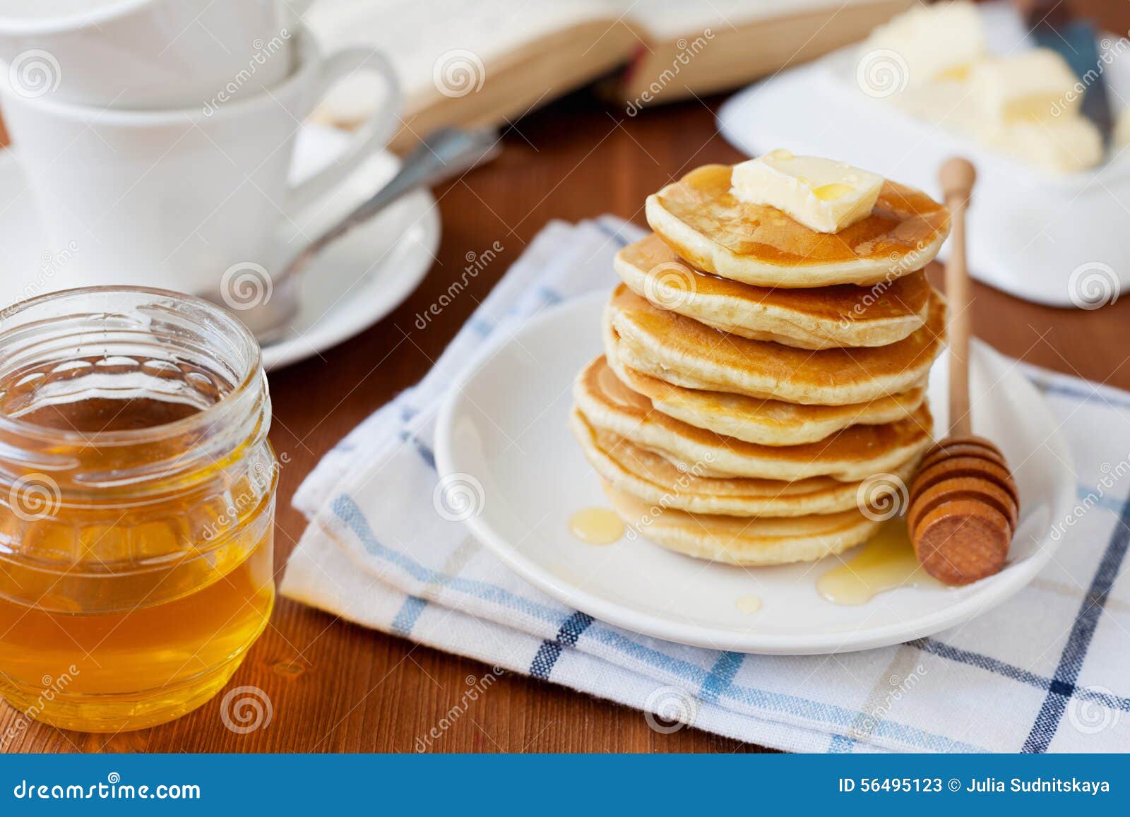 Stack of Pancakes with Honey Syrup, Butter and Strawberry in a White ...