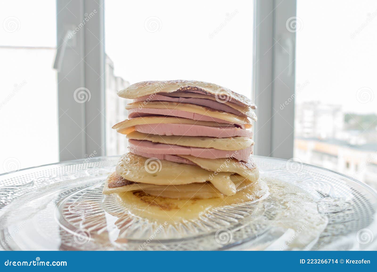 Stack of Pancakes with a Layer of Sausage Stock Photo - Image of stack ...