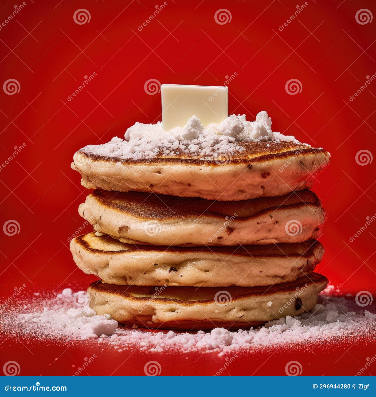 Stack of Pancakes with Powdered Sugar on a Red Background Stock ...