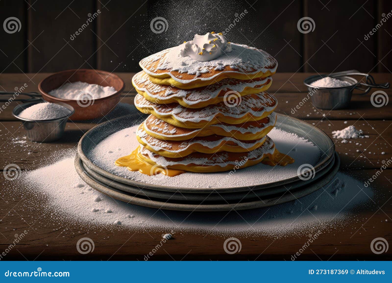 Stack of Pancakes with Powdered Sugar, Sausage and Scrambled Eggs Stock ...