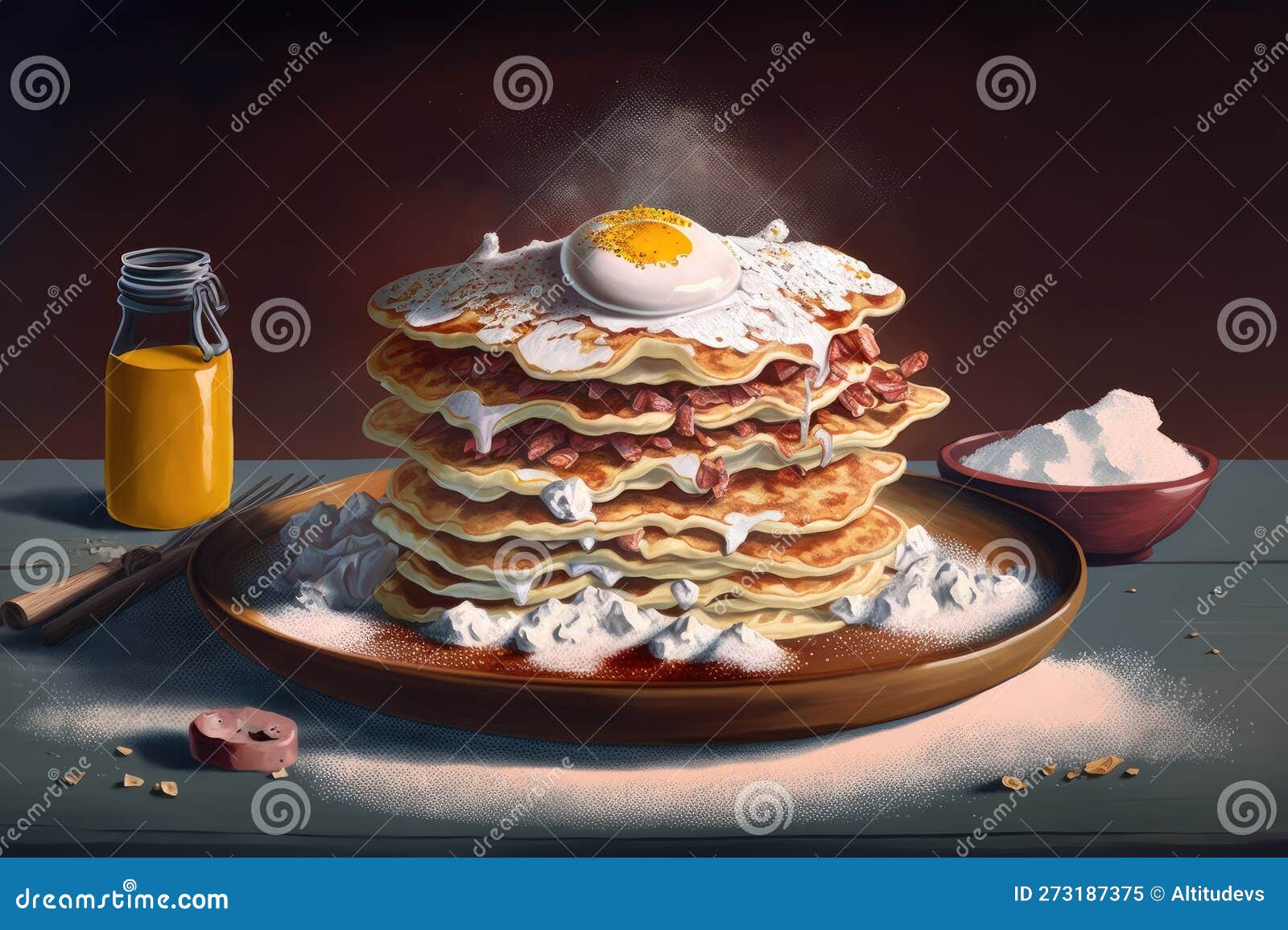 Stack of Pancakes with Powdered Sugar, Sausage and Scrambled Eggs Stock ...