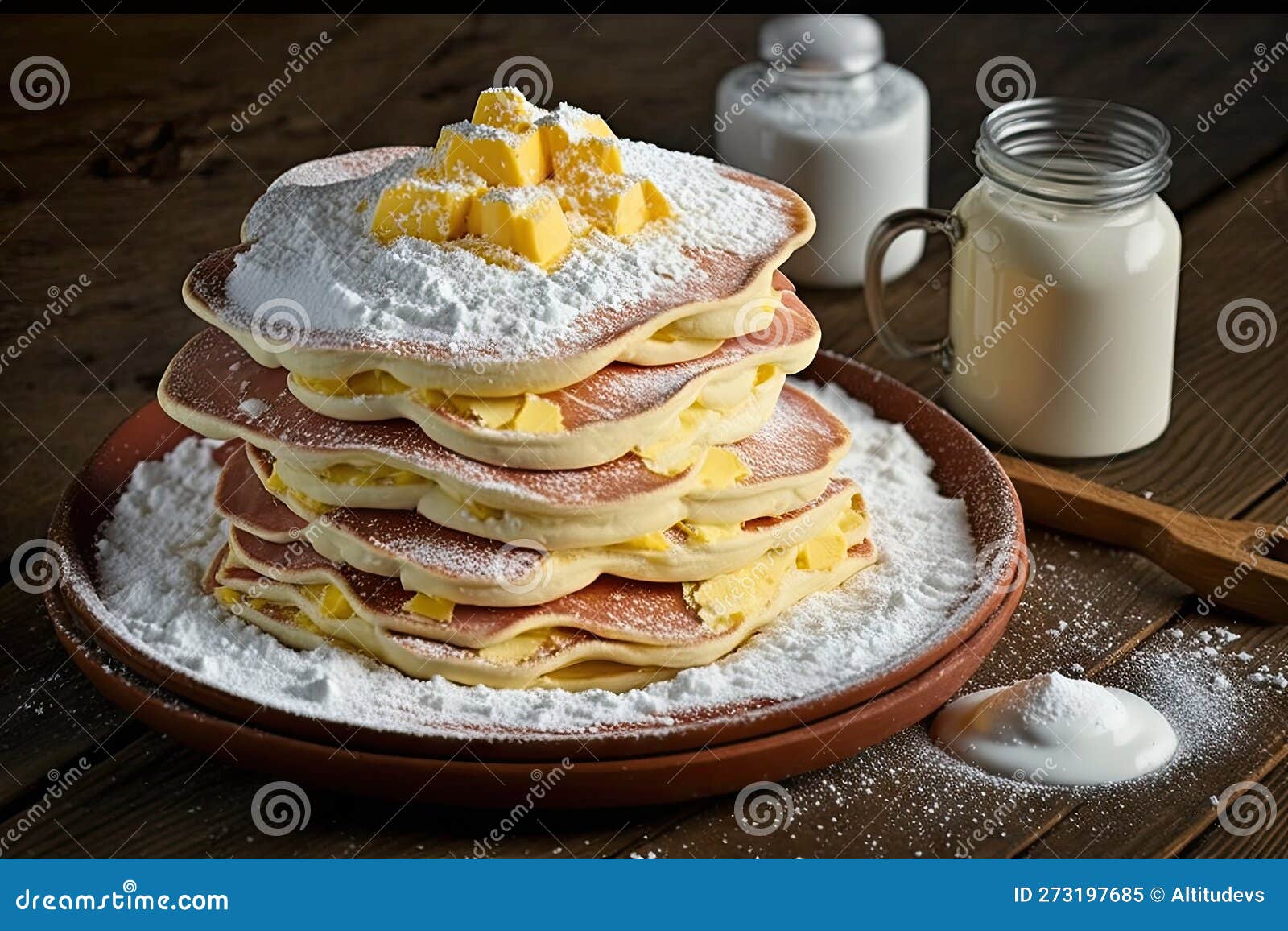 Stack of Pancakes with Powdered Sugar, Sausage and Scrambled Eggs Stock ...